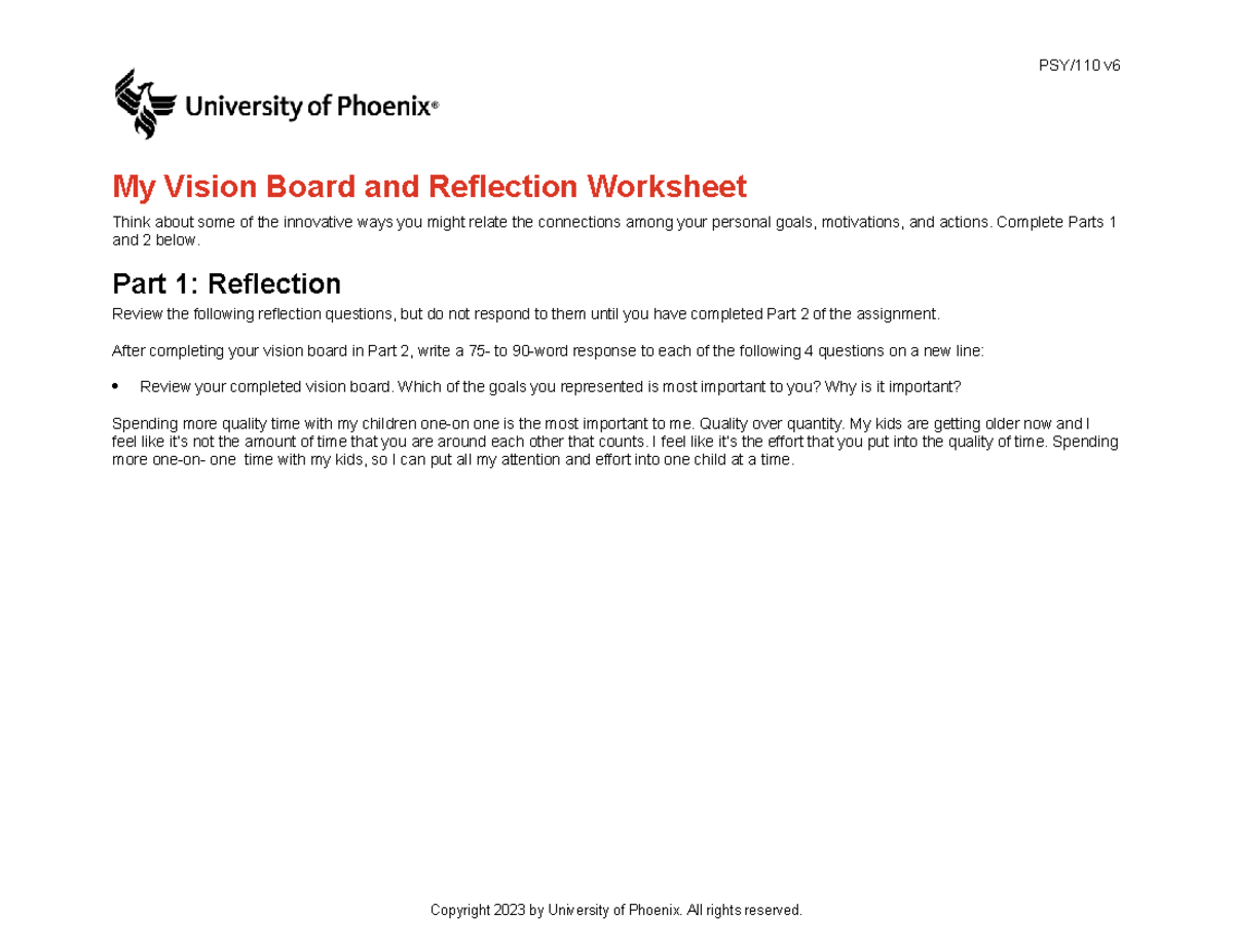 Psy110 V6 WK5 My Vision Board & Reflection Worksheet - Studocu