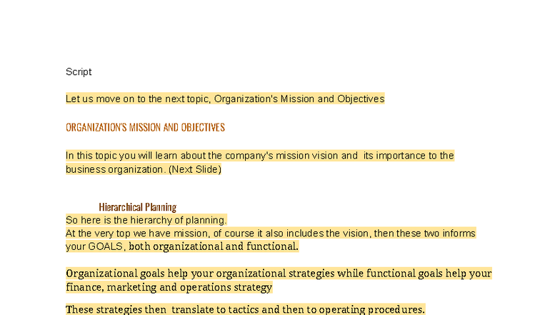 Organization Management Script: Mission, Vision, and Objectives - Studocu