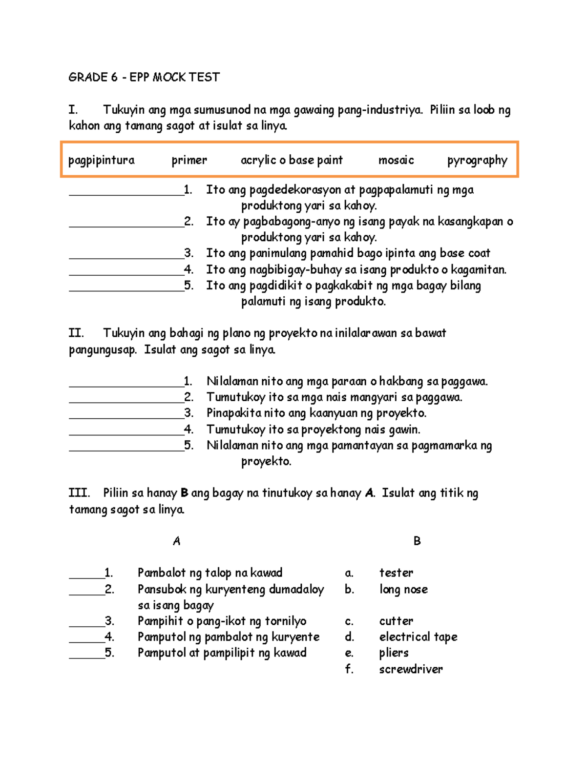 6TH GRADE - EPP 4TH Quarter MOCK TEST Review Guide - Studocu