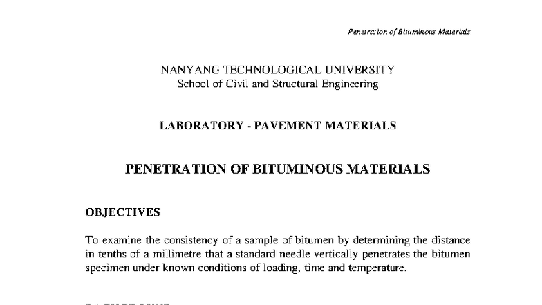 Penetration Test of Bituminous Materials - NTU CE Lab Report - Studocu