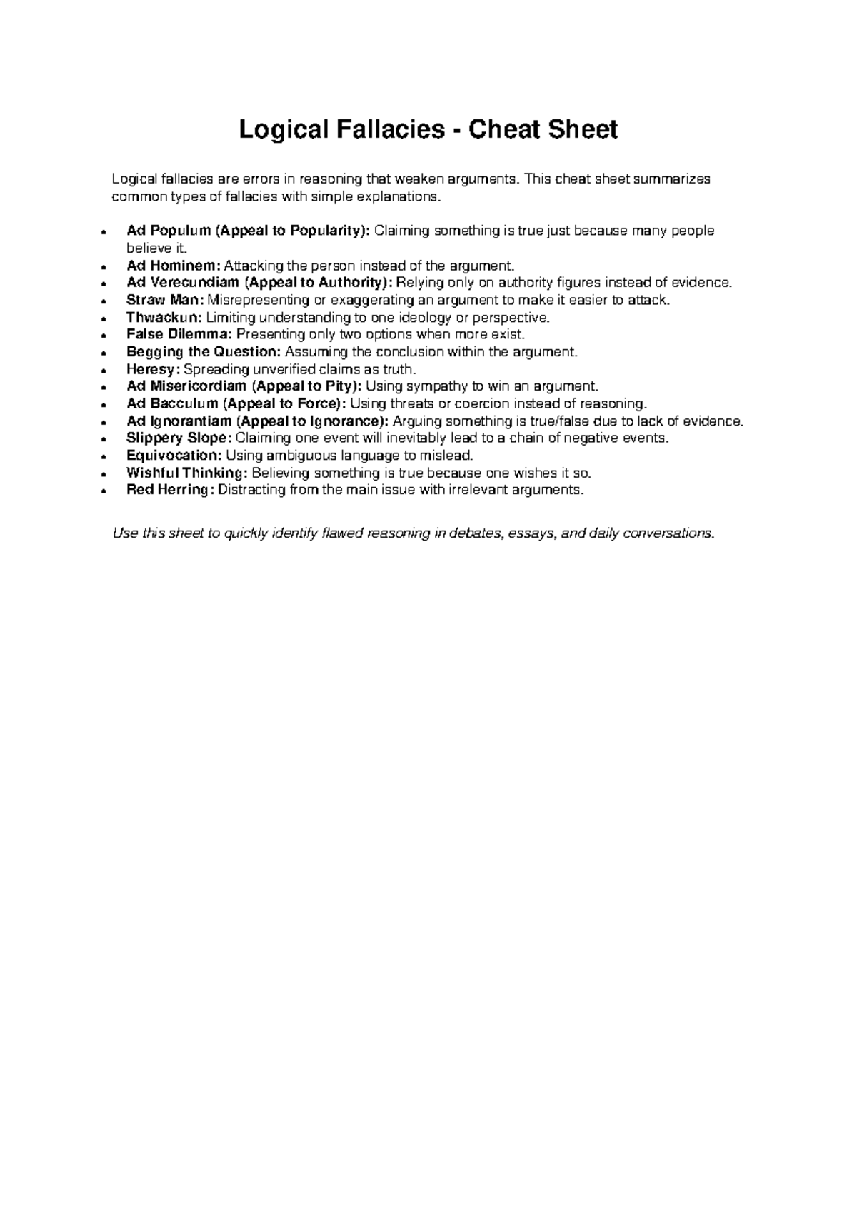 Logical Fallacies Cheat Sheet: Quick Reference Guide - Studocu