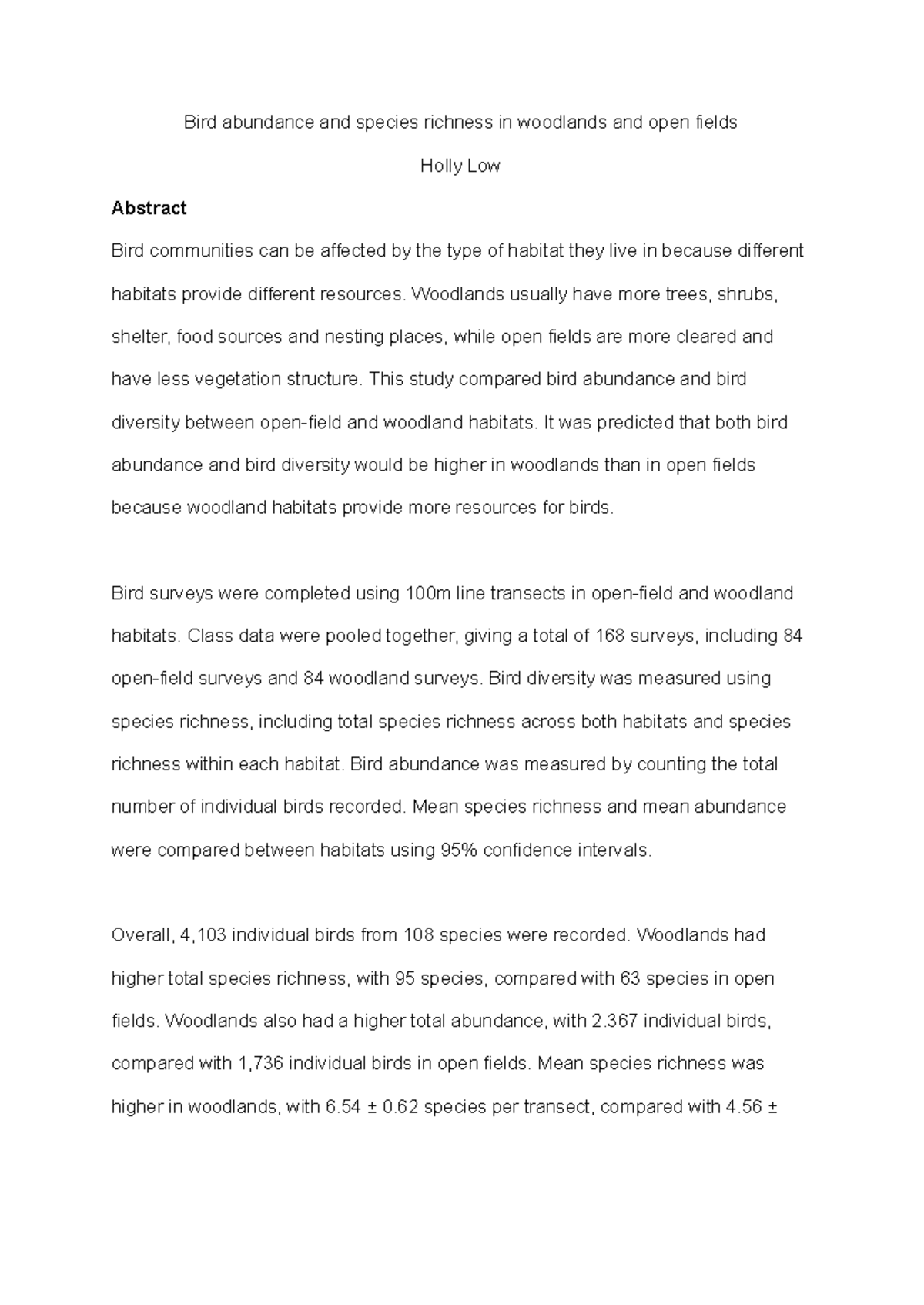 Bird Abundance & Species Richness in Woodlands vs. Open Fields - BIO112 ...