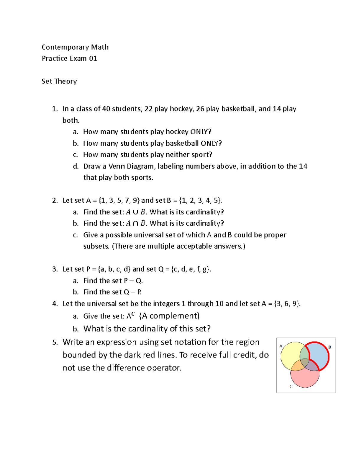 Contemporary Math Practice Exam 01 Set Theory Concepts Problems