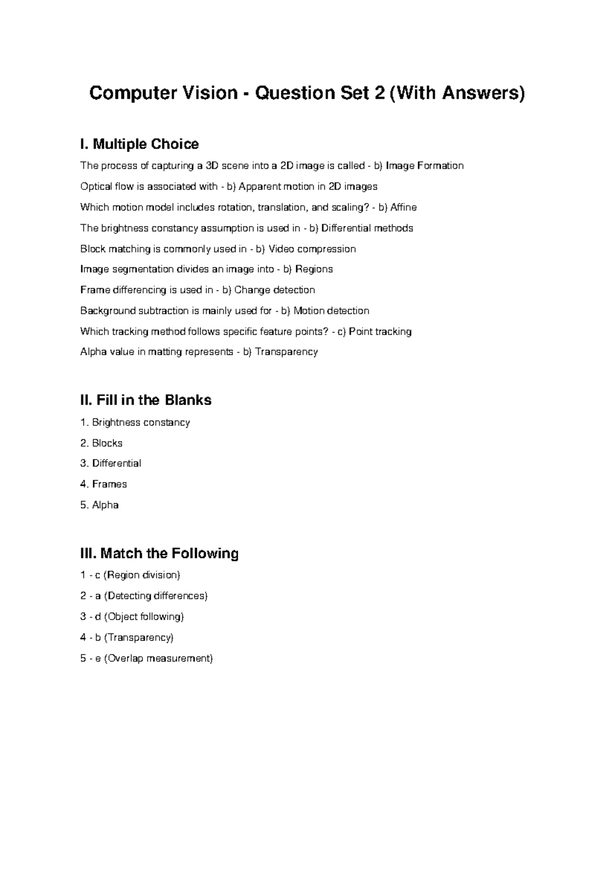 Computer Vision Quiz Set 2 - Comprehensive Notes - Studocu