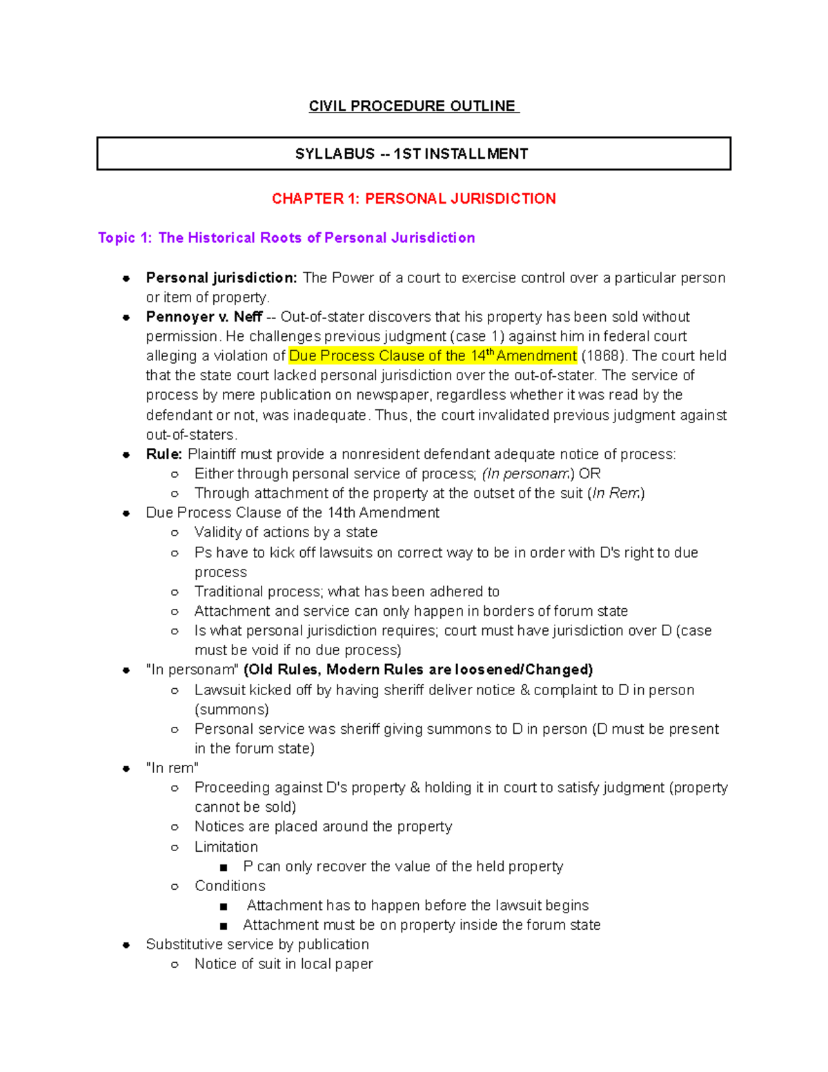 Civil Procedure Outline - CIVIL PROCEDURE OUTLINE SYLLABUS - 1ST ...