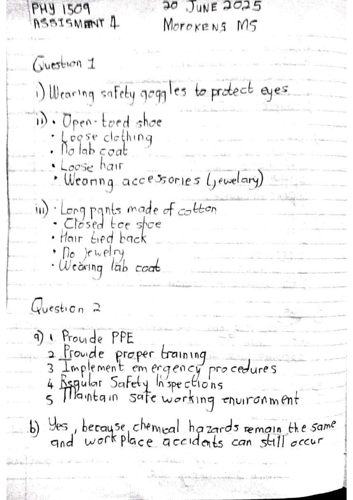 PHY 1509 Assignment 4: Safety Procedures and PPE Guidelines - Studocu