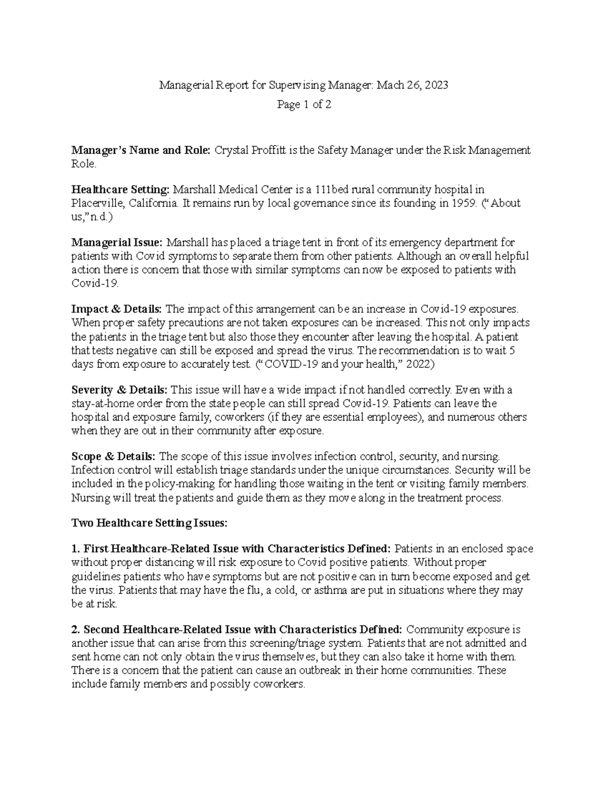 Managerial Report for Supervising Manager - Healthcare Setting ...