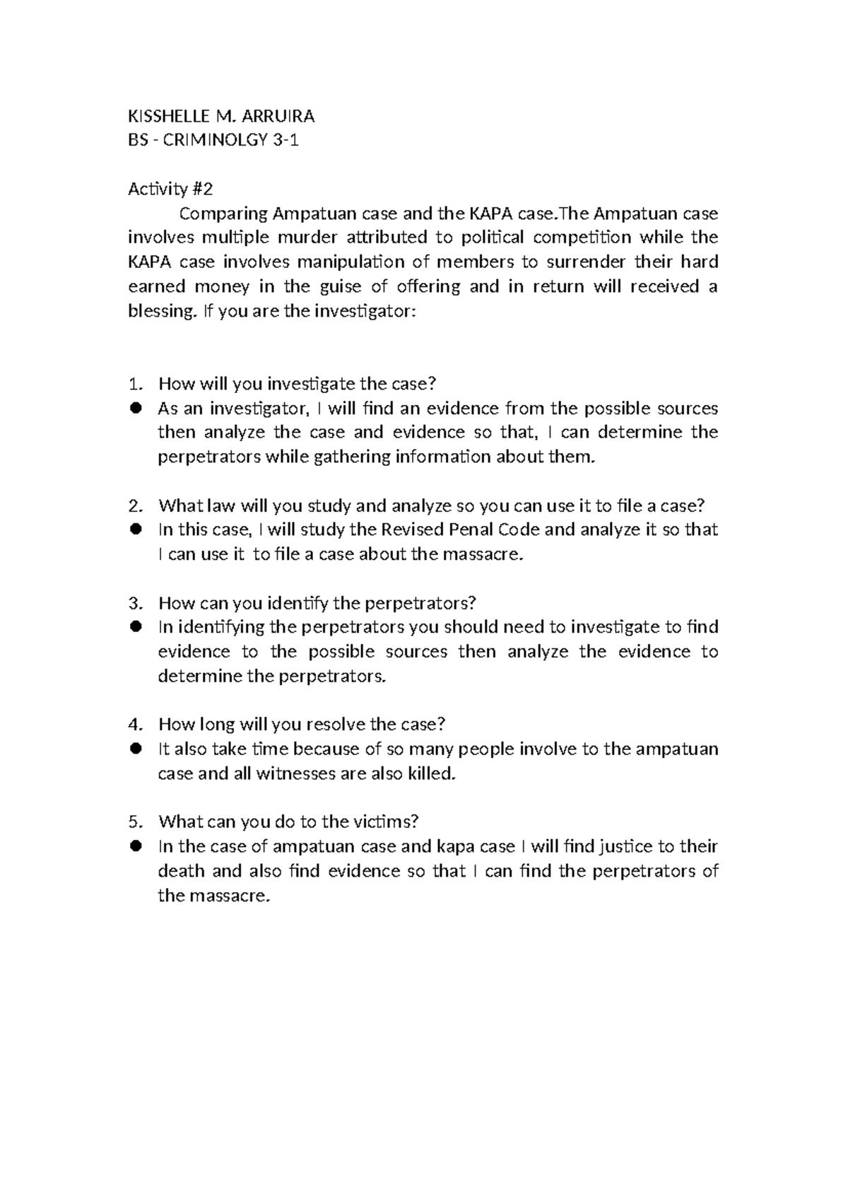 Comparative Analysis of Ampatuan and KAPA Cases - BS Criminology 3 ...