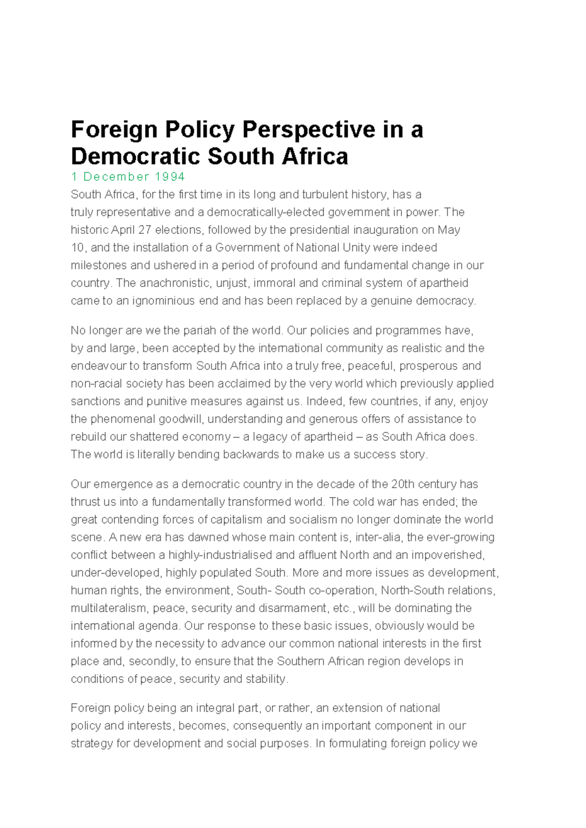 ANC Foreign Policy: A Democratic South Africa's Global Strategy - Studocu
