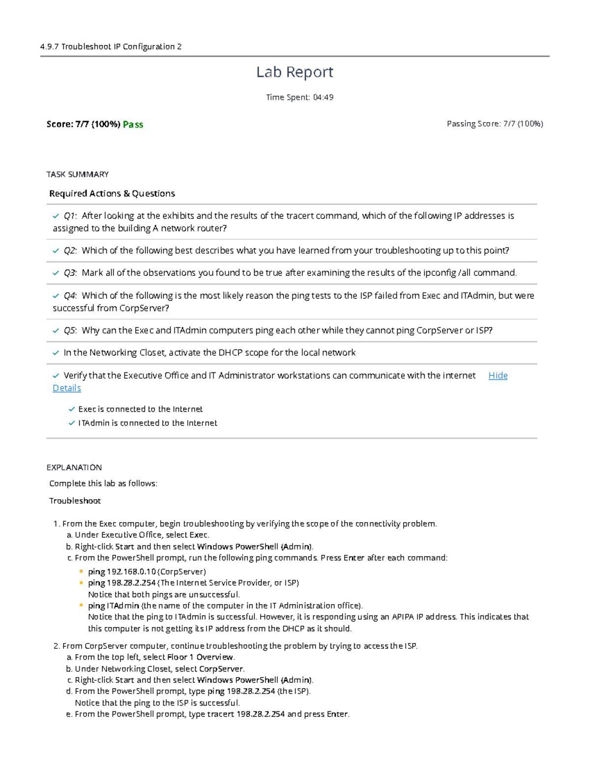 4.9 Troubleshoot IP Configuration Lab Report and Findings - Studocu