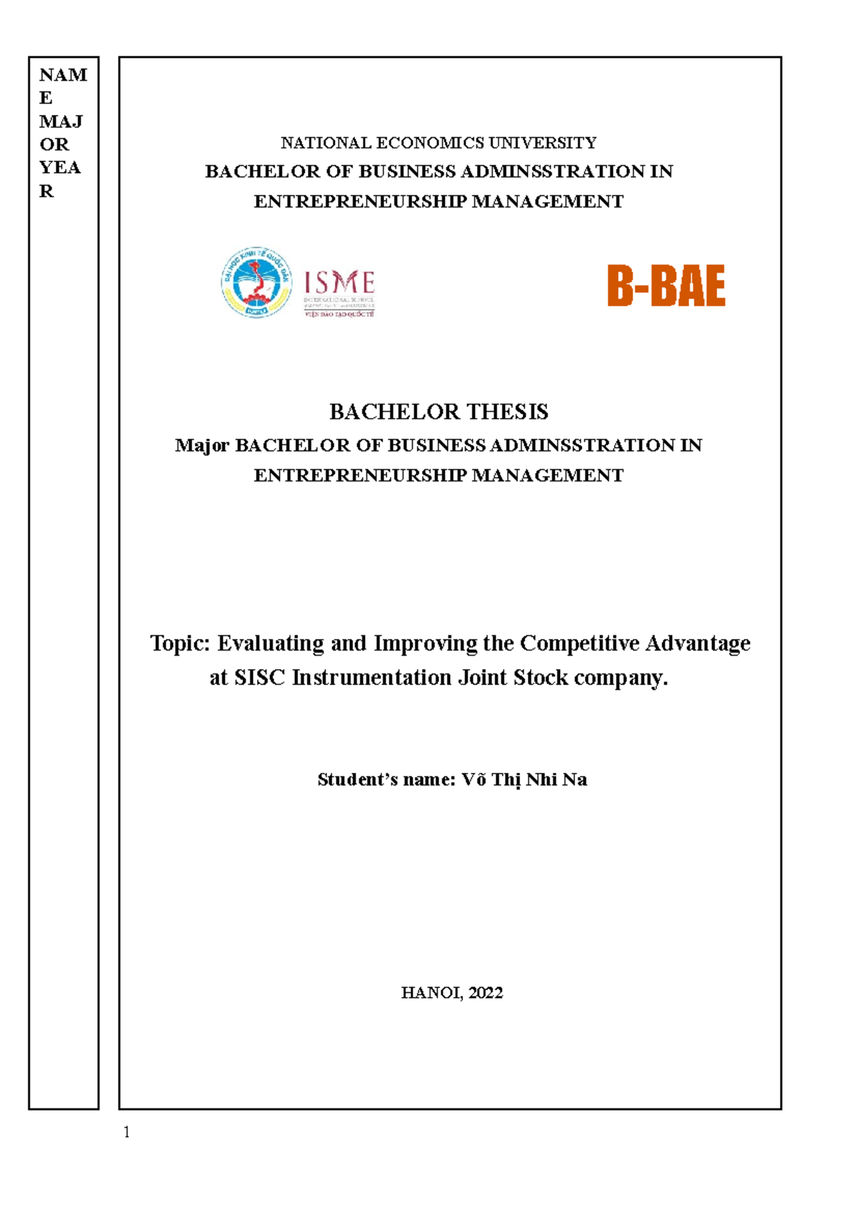 Bachelor Thesis B-BAE: Evaluating Competitive Advantage at SISC - Studocu