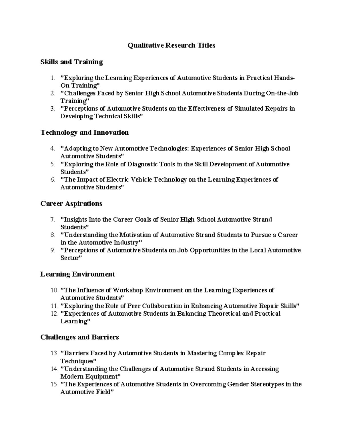"Research Titles for AUTO: Exploring Key Themes in Automotive Education ...