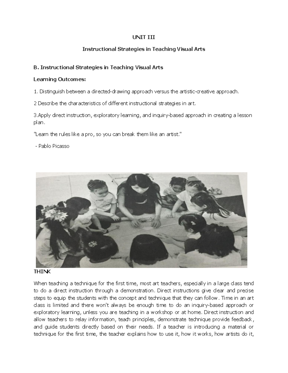 SEMI Final Material - ARTS (Unit III) Chapter B: Teaching Strategies in Visual Arts - Studocu