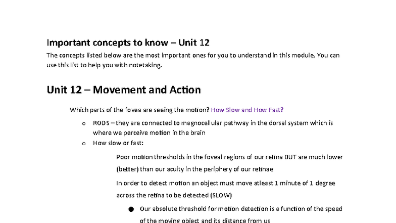 Neuroscience of Vision and Motion: Key Concepts from Unit 12 - Studocu