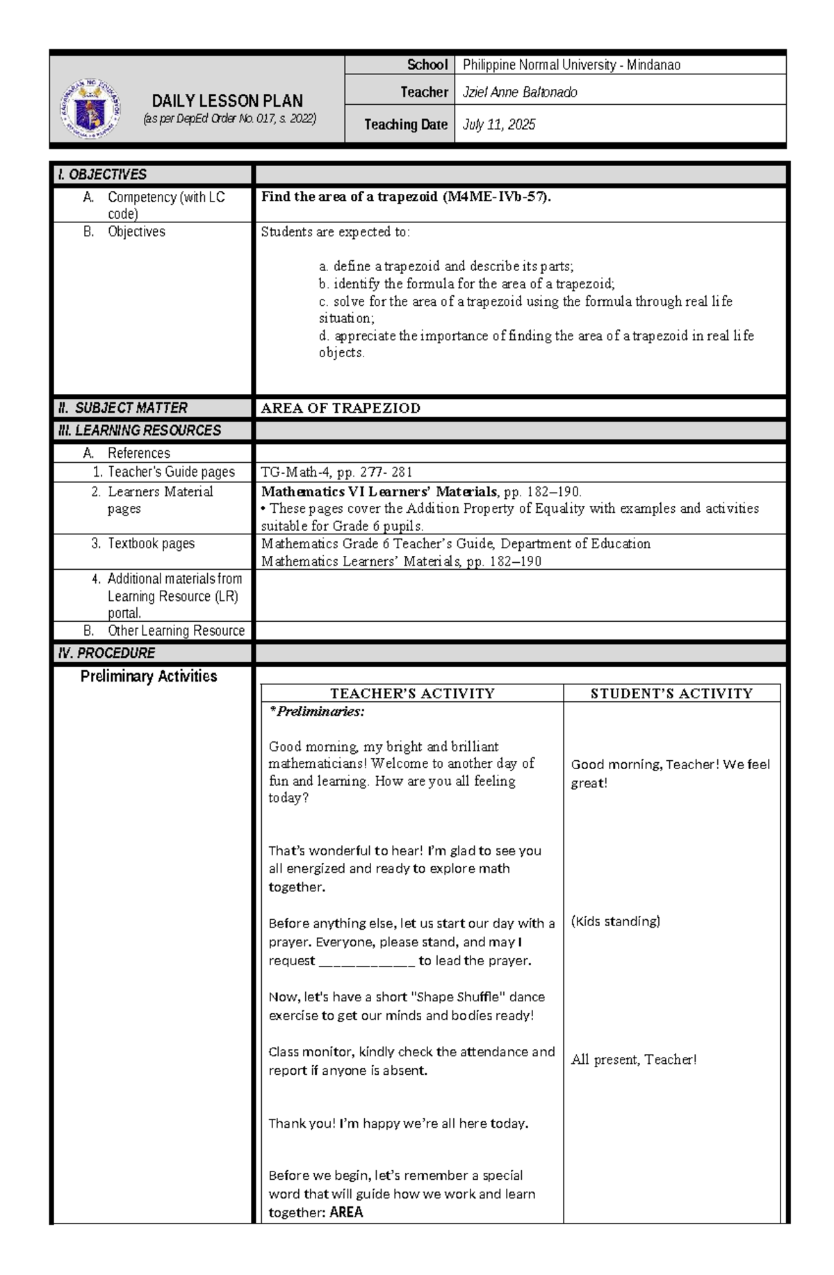 PNU Mindanao MATHEMATICS VI Daily Lesson Plan: Area of a Trapezoid ...