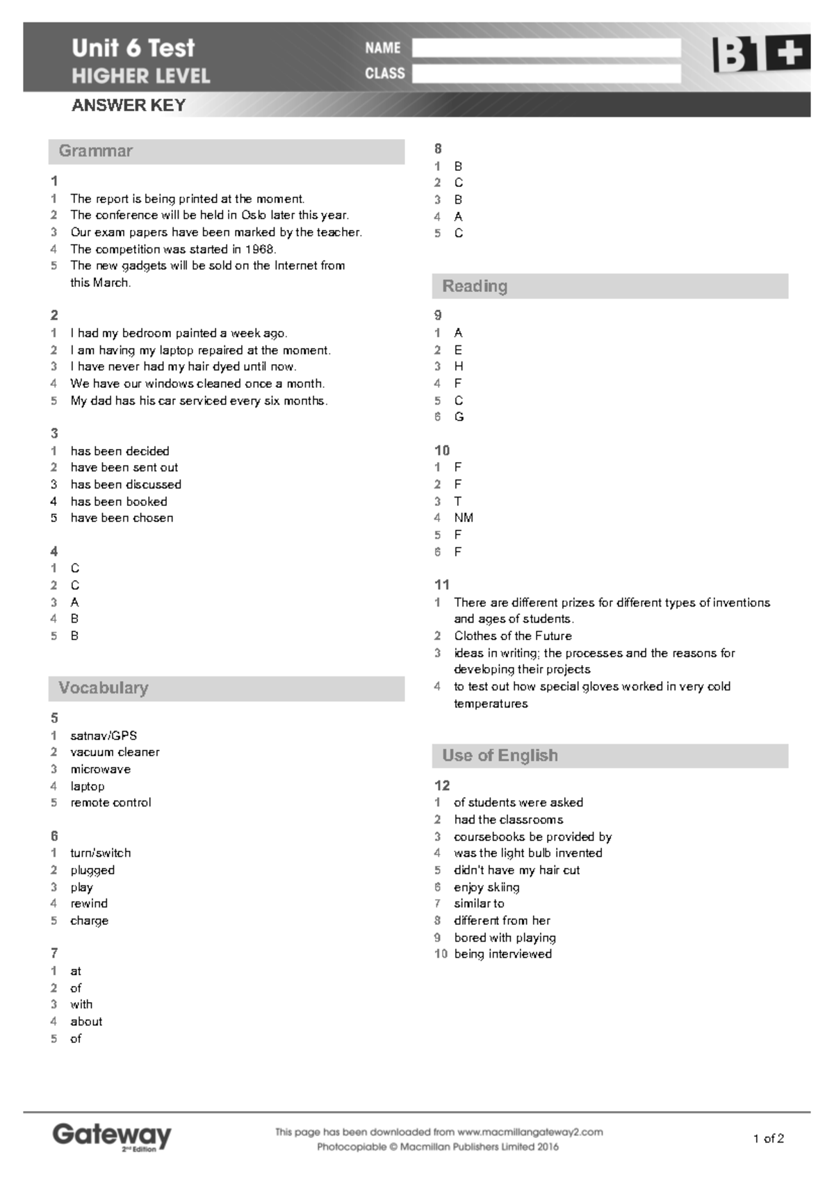 B1+ UNIT 6 Test Answer Key - Higher Level Grammar & Vocabulary - Studocu