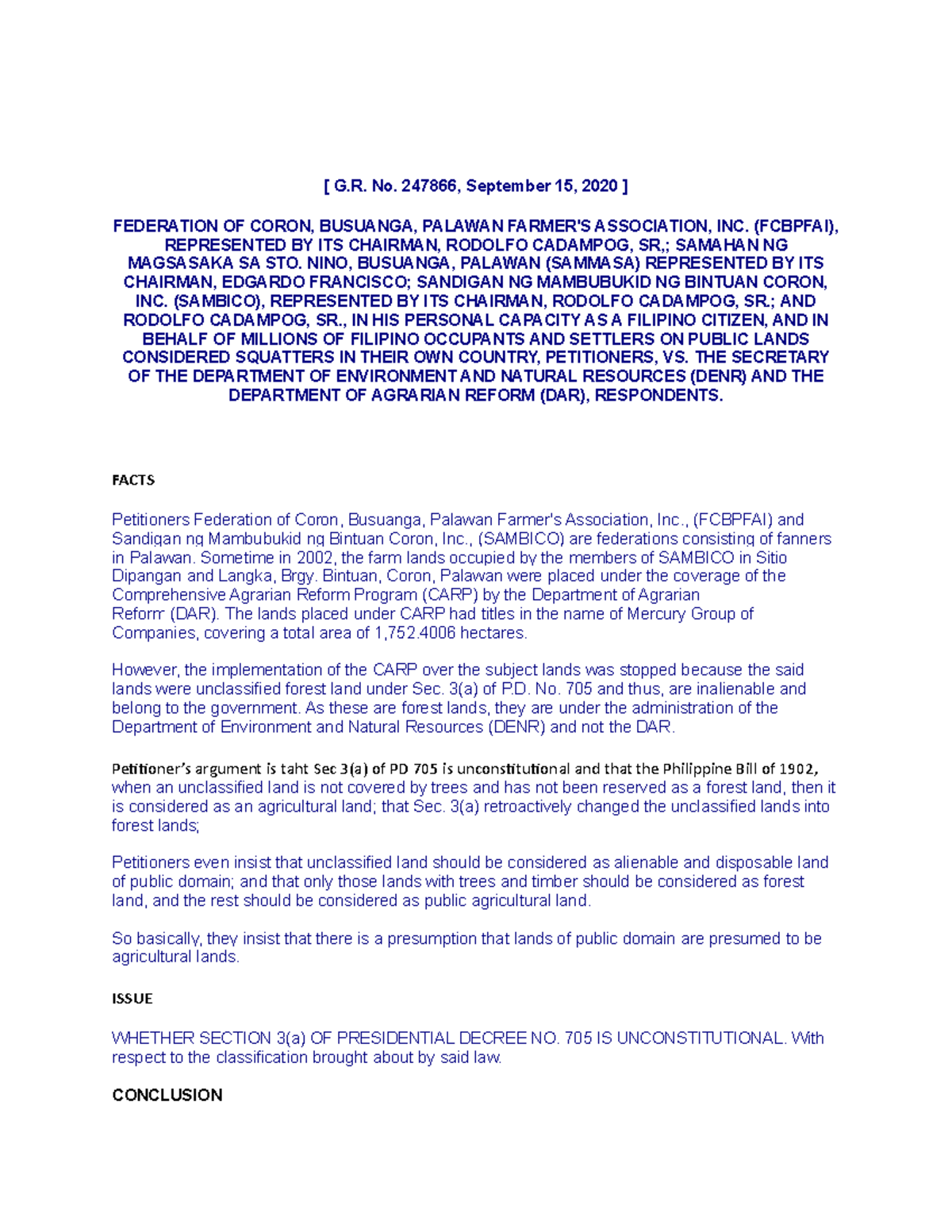 Coron vs. DENR Sec. 3(a) PD 705 Digest - Sept 15, 2020 Case Summary ...