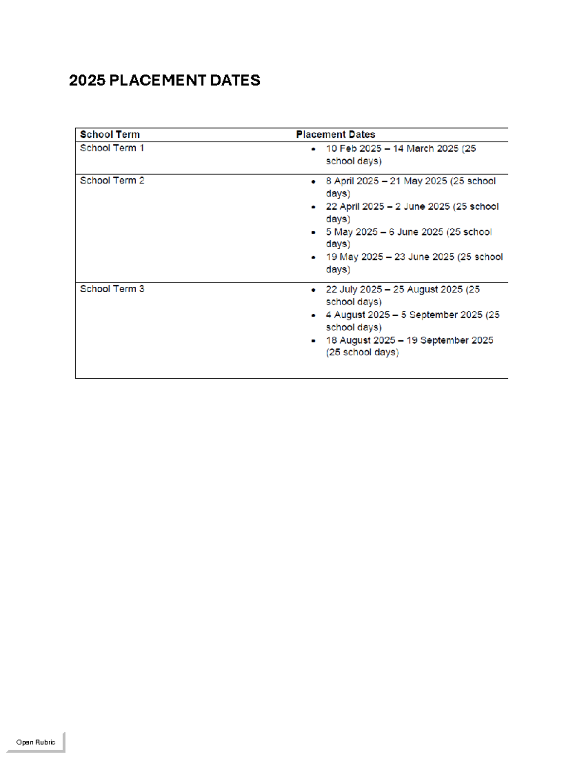 TP Placement Dates - 2025 - TPS3705 - 2025 PLACEMENT DATES School Term ...