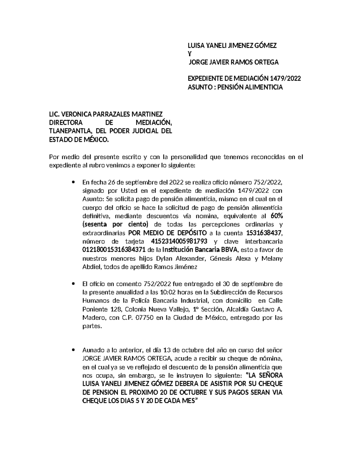 Expediente de Mediación: Pensión Alimenticia - LUISA YANELI JIMENEZ ...