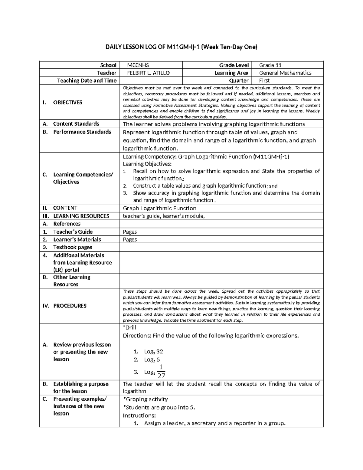 GM I-37 - Daily Lesson Log for Week 1: Graphing Logarithmic Functions ...