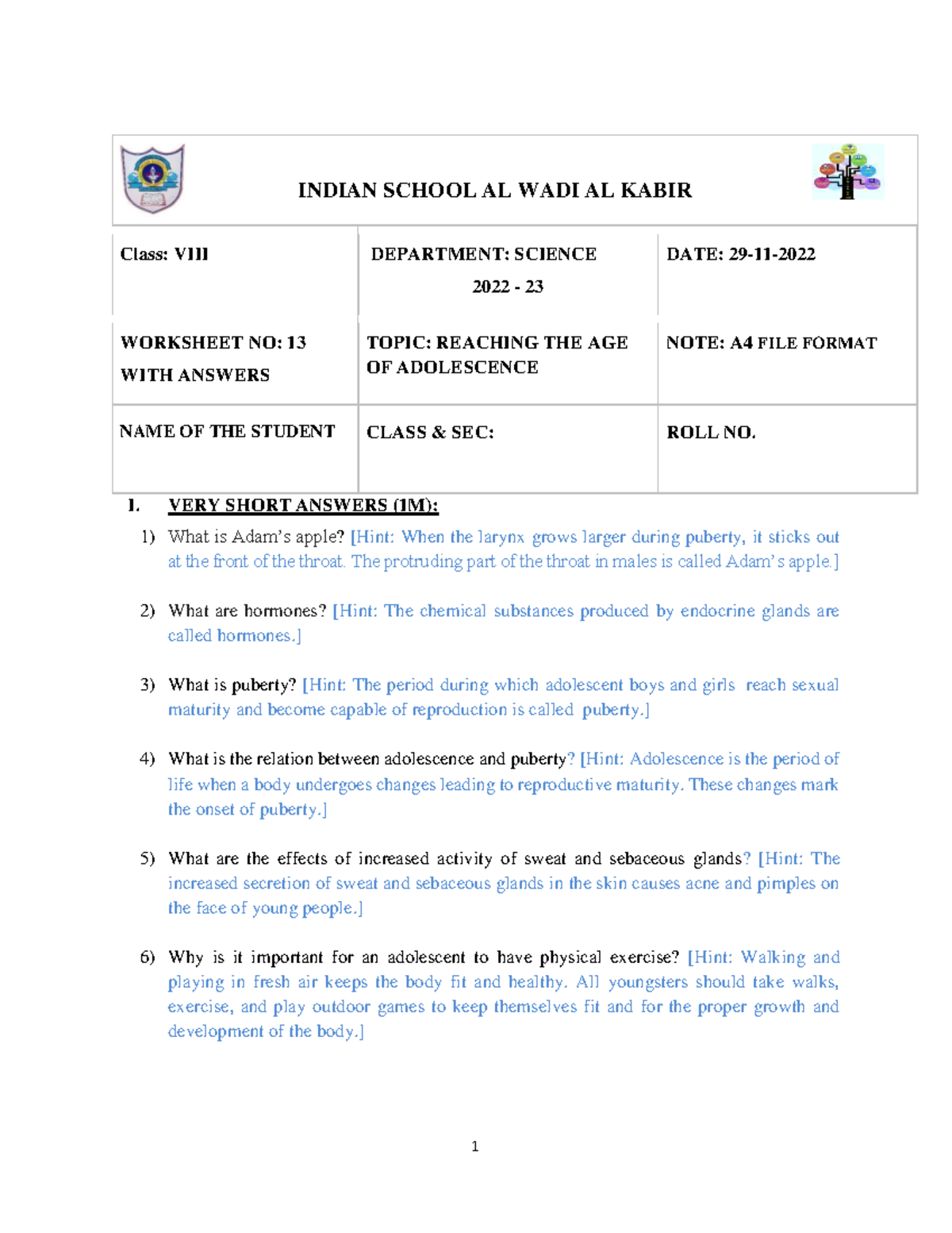 Age of Adolescence: Science Worksheet No. 13 (2022-23) - Studocu