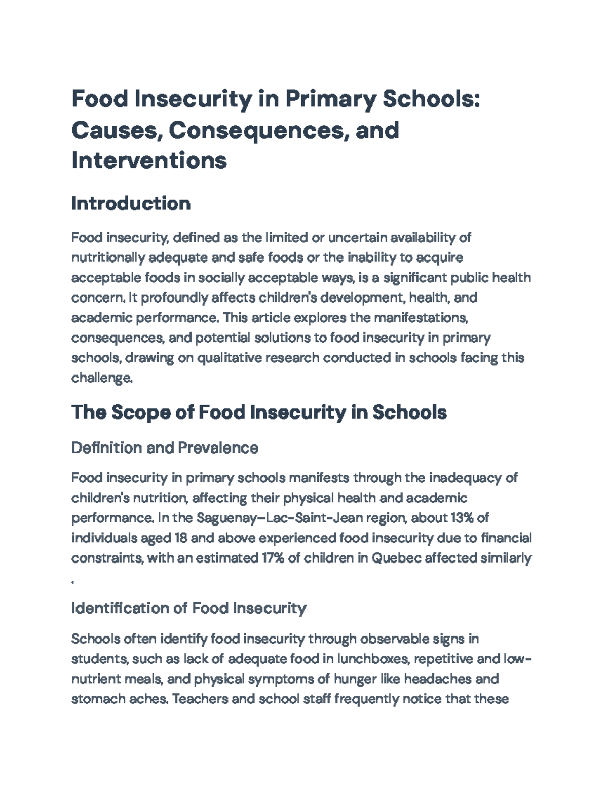 Exploring Food Insecurity in Primary Schools: Causes and Solutions ...