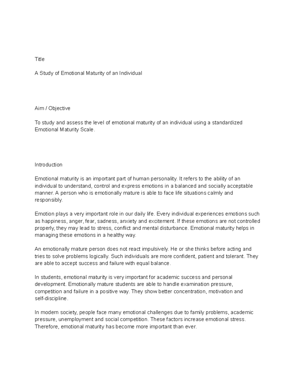 Bpcc 110 Practical Assessment of Emotional Maturity - Studocu