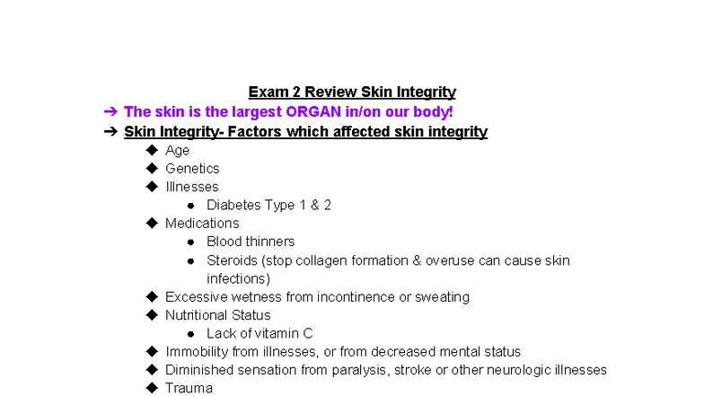 Exam 2 Review: Skin Integrity and Wound Healing Factors - Studocu