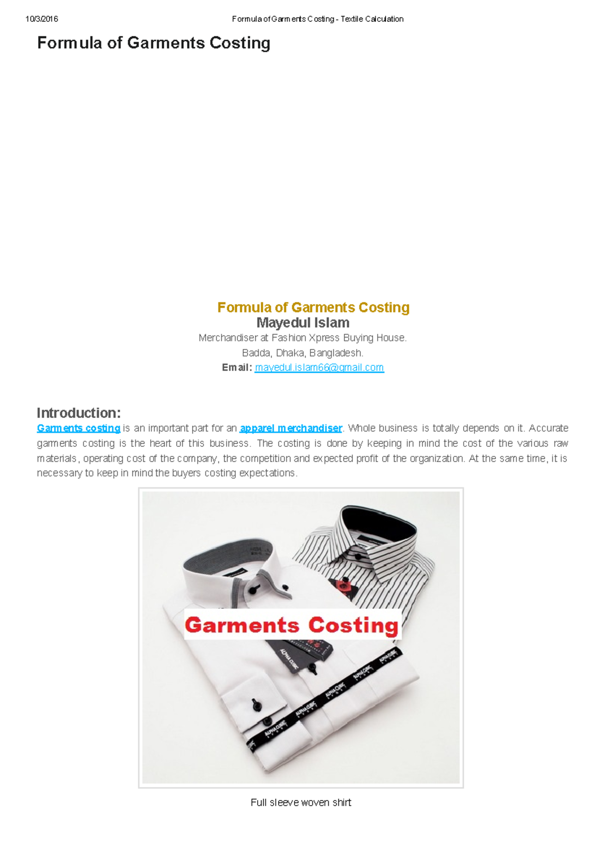 Garments Costing Formula for Textile Calculation - Merchandising Guide ...