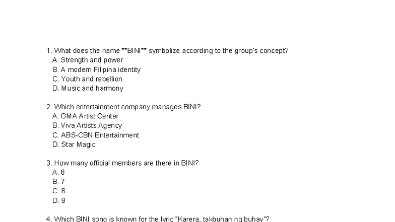 BINI Quiz: Symbolism, Members, and Popularity Insights - Studocu