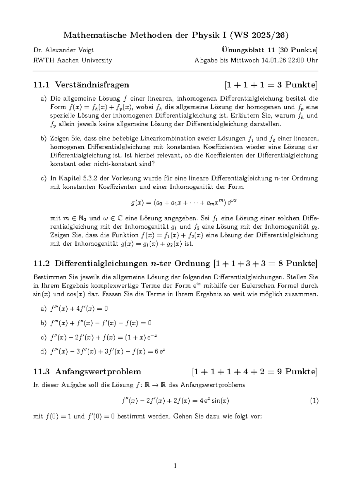 Übungsblatt 11 - Mathematische Methoden der Physik I - RWTH WS2025/2026 ...