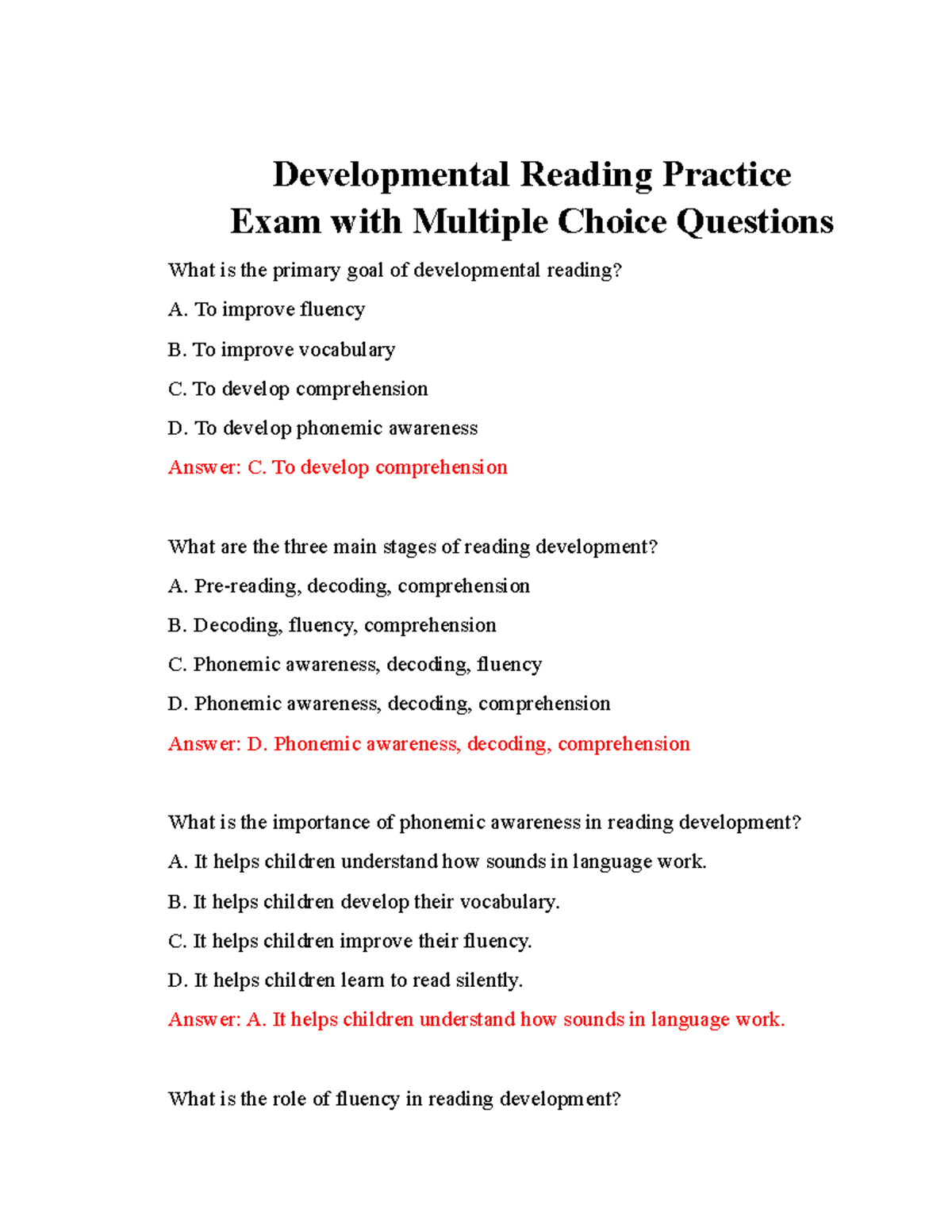 DEVR 101: Developmental Reading Practice Exam with MCQs - Studocu