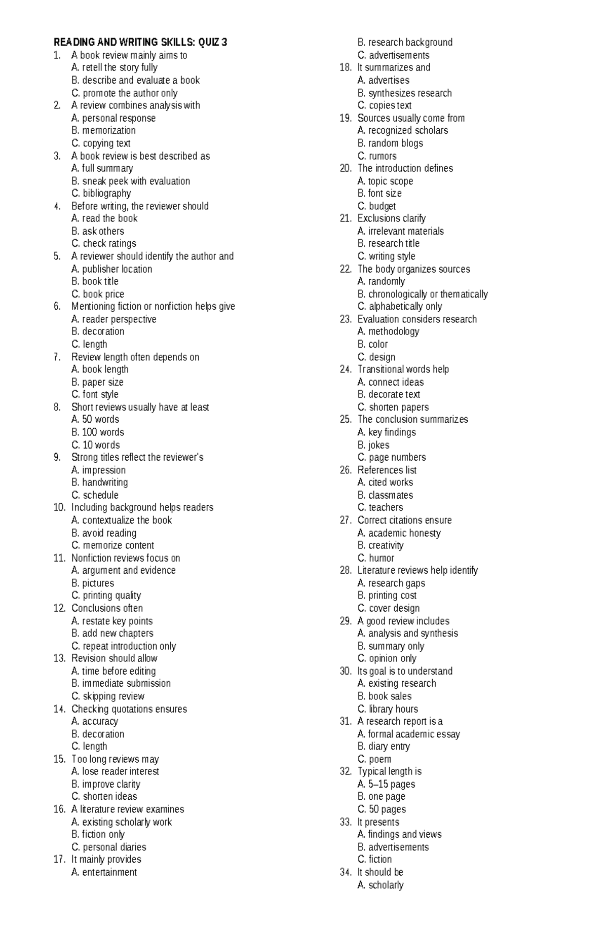 READING AND WRITING SKILLS: QUIZ 3 REVIEW QUESTIONS - Studocu