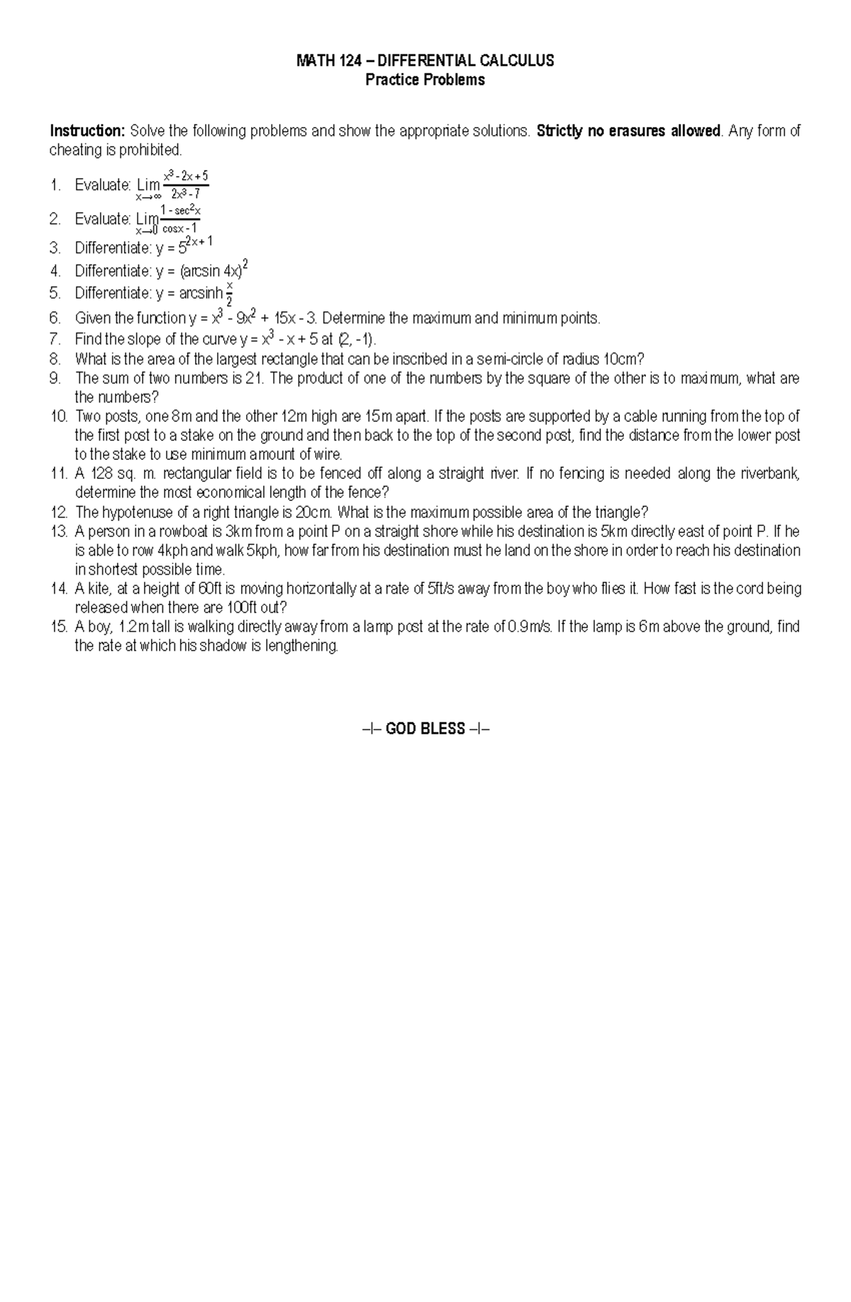 MATH 124 Differential Calculus: Practice Problems and Solutions - Studocu