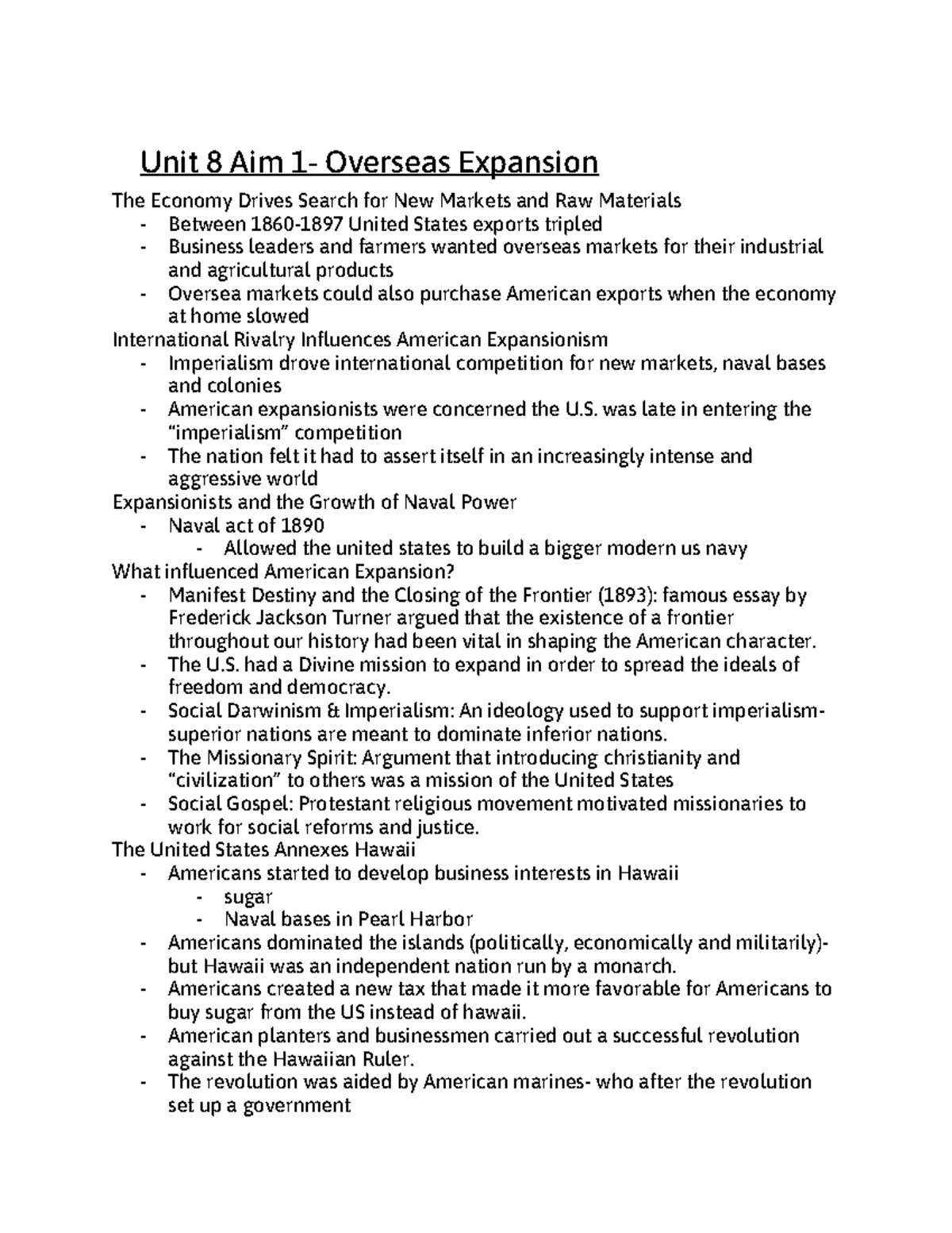 Unit 8 Notes: U.S. Expansionism, Imperialism, and WWI Dynamics - Studocu