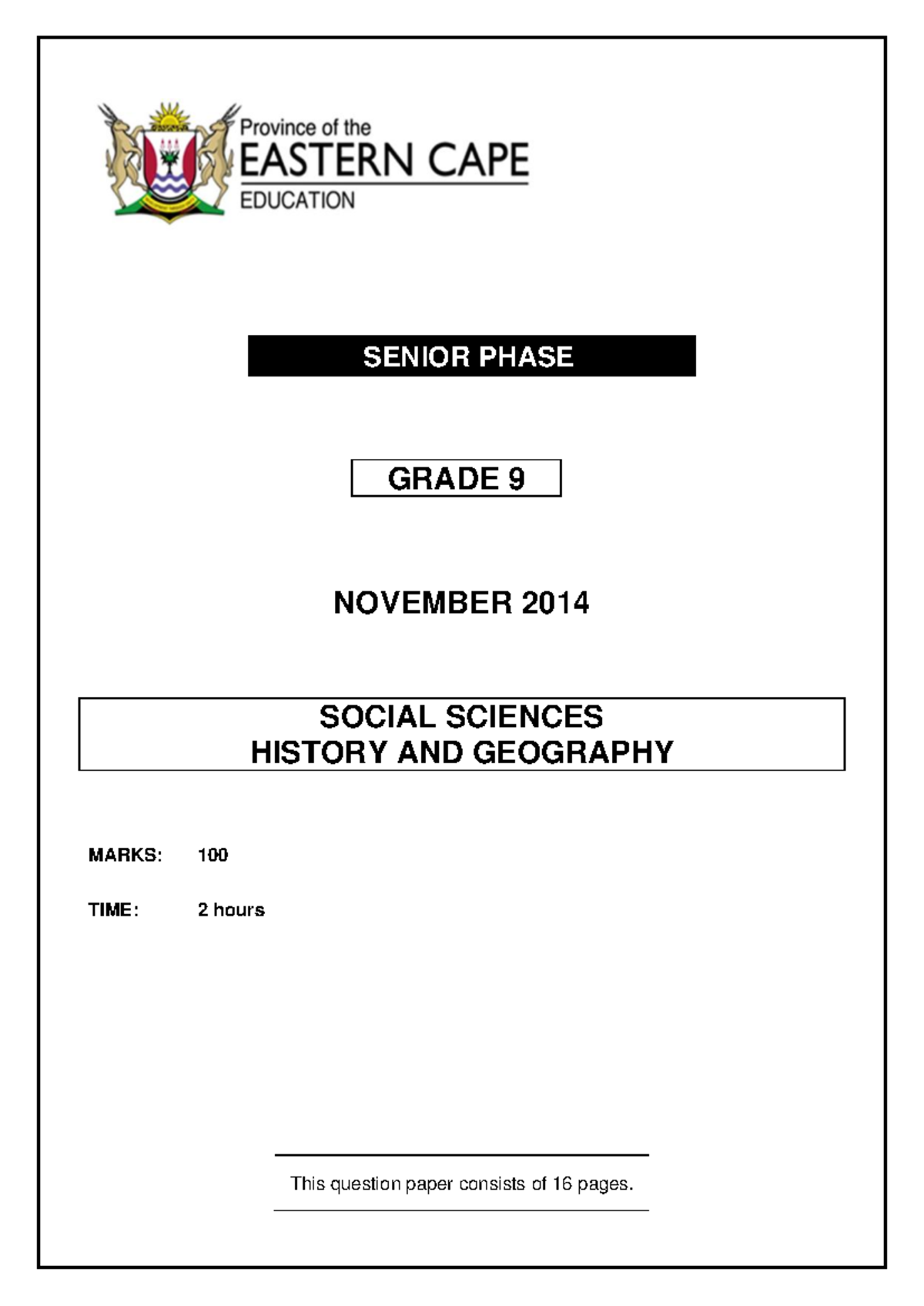 Social Sciences GR9 November 2014 Exam Paper (100 Marks) - Studocu