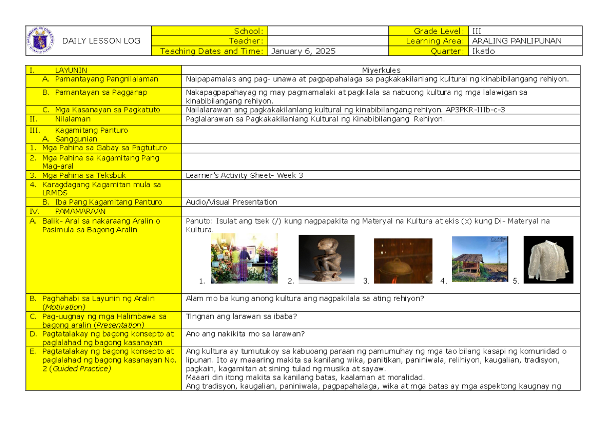 Aralpan Q3 W4D1 - Lesson Plan on Cultural Identity in Region - Studocu