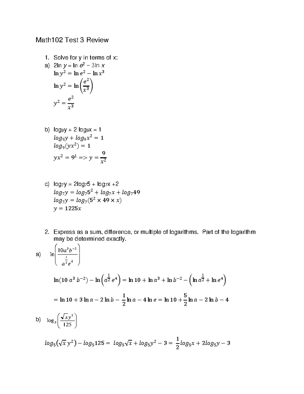 Math102 Test 3 Review Solutions: Logarithmic Equations & Concepts - Studocu
