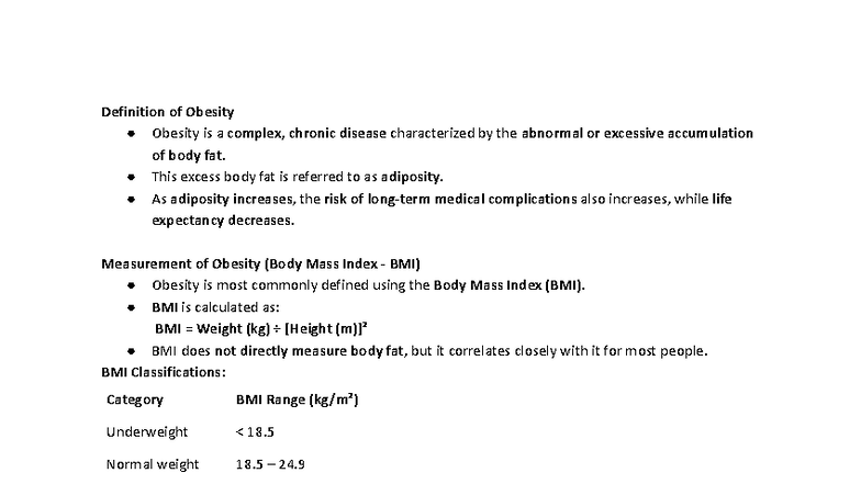 Obesity - Lecture Notes (Course Code: HLTH 101) - Studocu