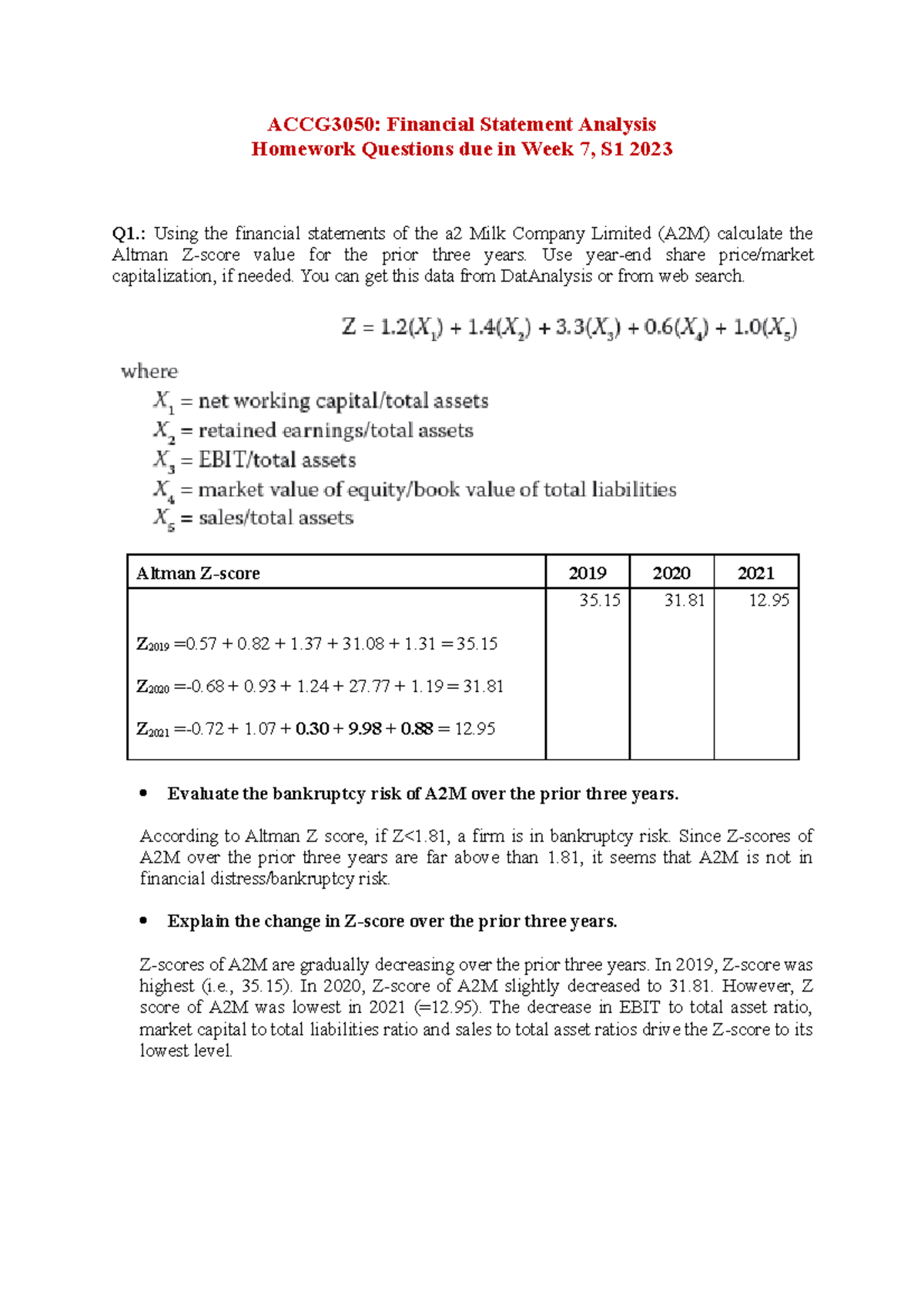 HW WK7 -Solution 2023 S1 - ACCG3050: Financial Statement Analysis ...