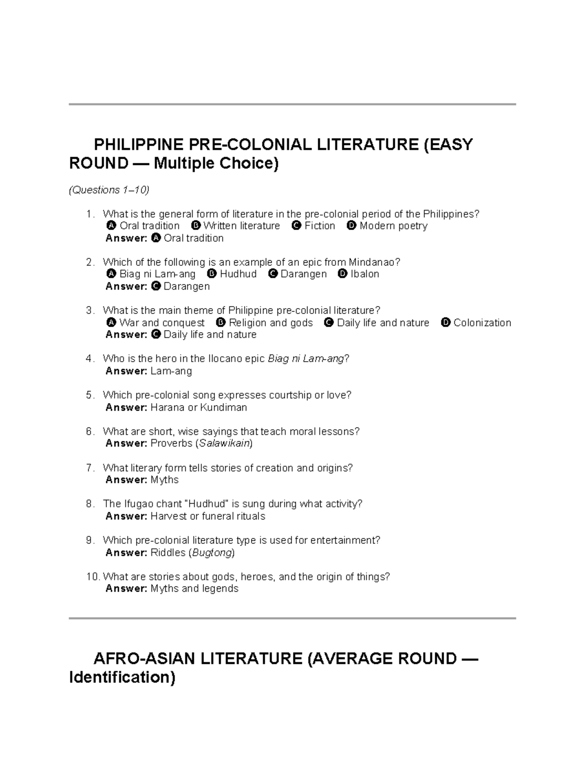 PHILIPPINE LITERATURE (EASY ROUND & AVERAGE ROUND Questions) - Studocu
