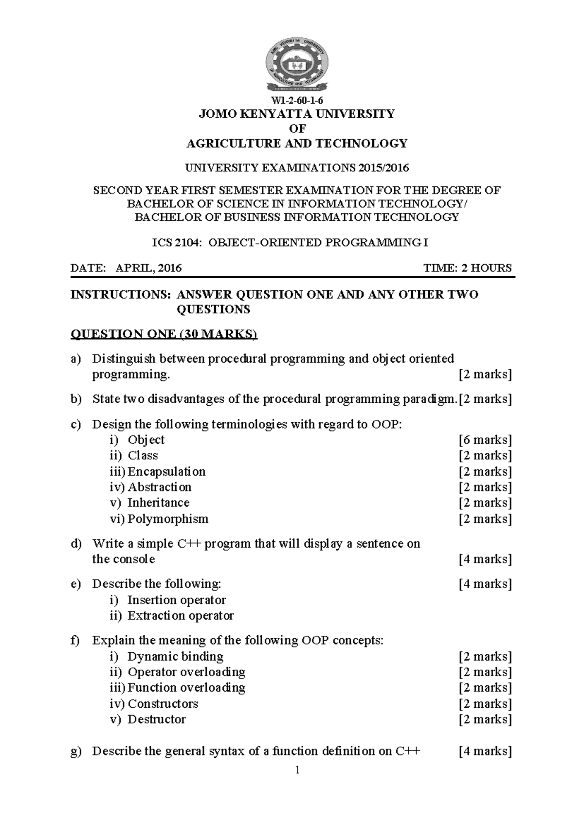 ICS 2104 Final Exam: Object-Oriented Programming I Questions and ...