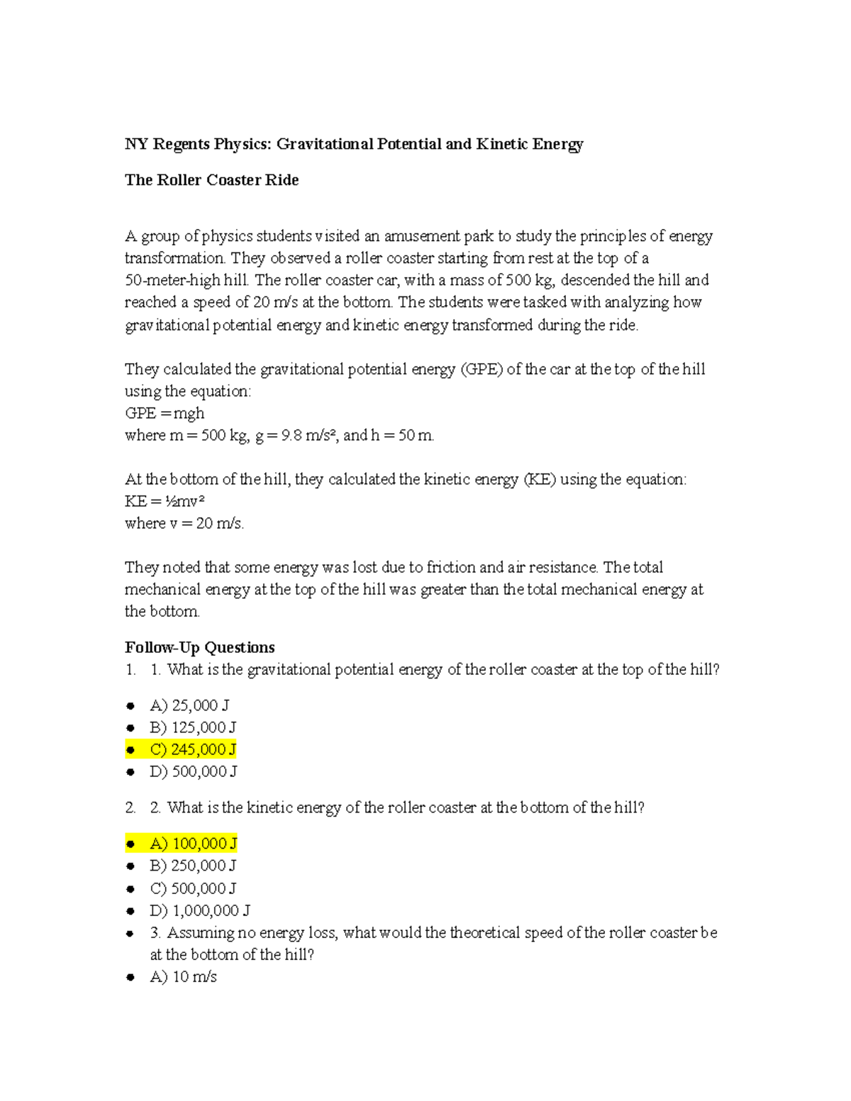 NY Regents Physics Gravitational Potential and Kinetic Energy - They ...