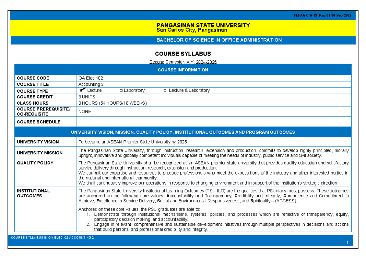 BSOA Accounting 2 syllabus Edited - COURSE SYLLABUS Second Semester, A ...