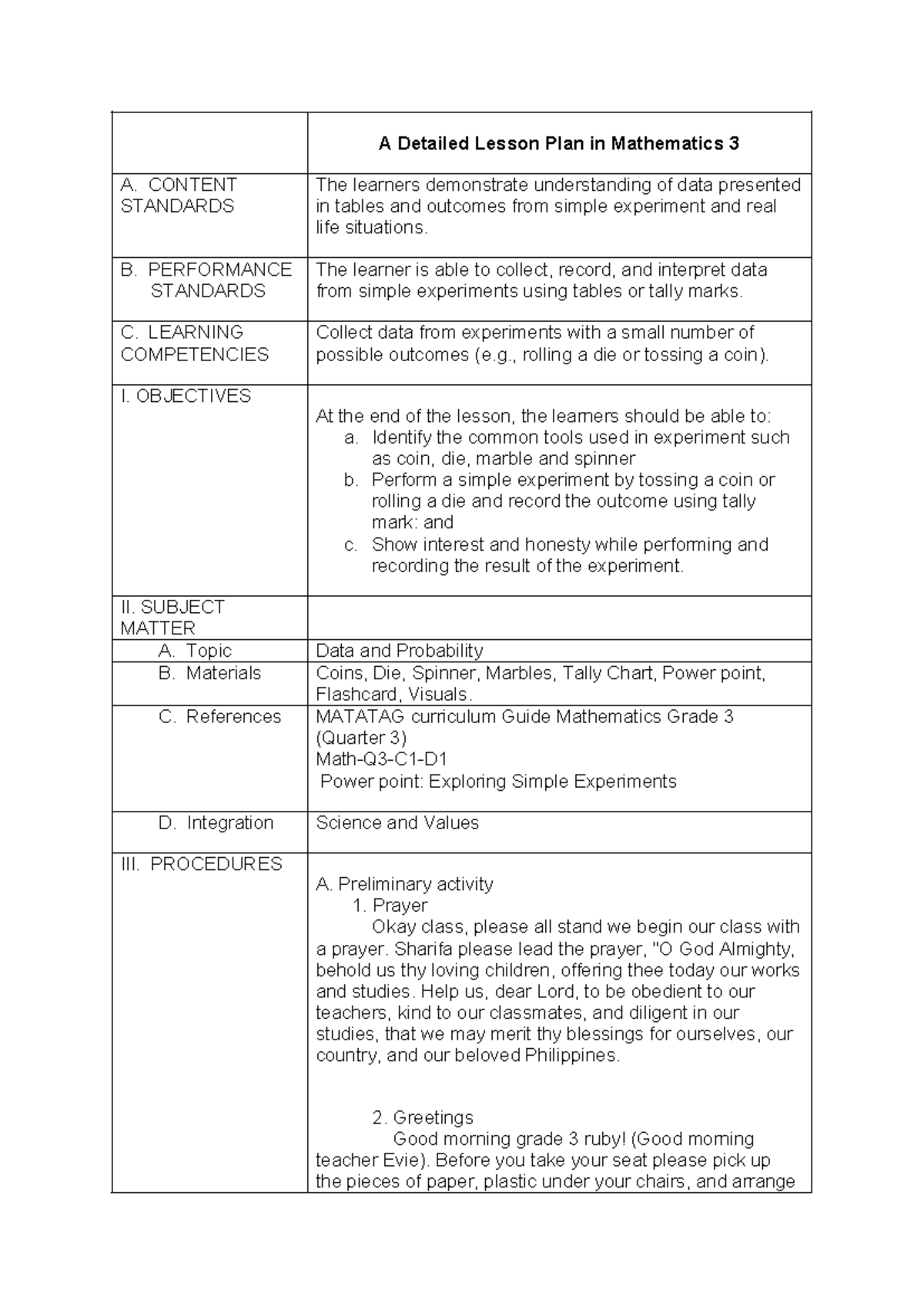Lesson Plan in Math 3: Data & Probability Experiments - Studocu