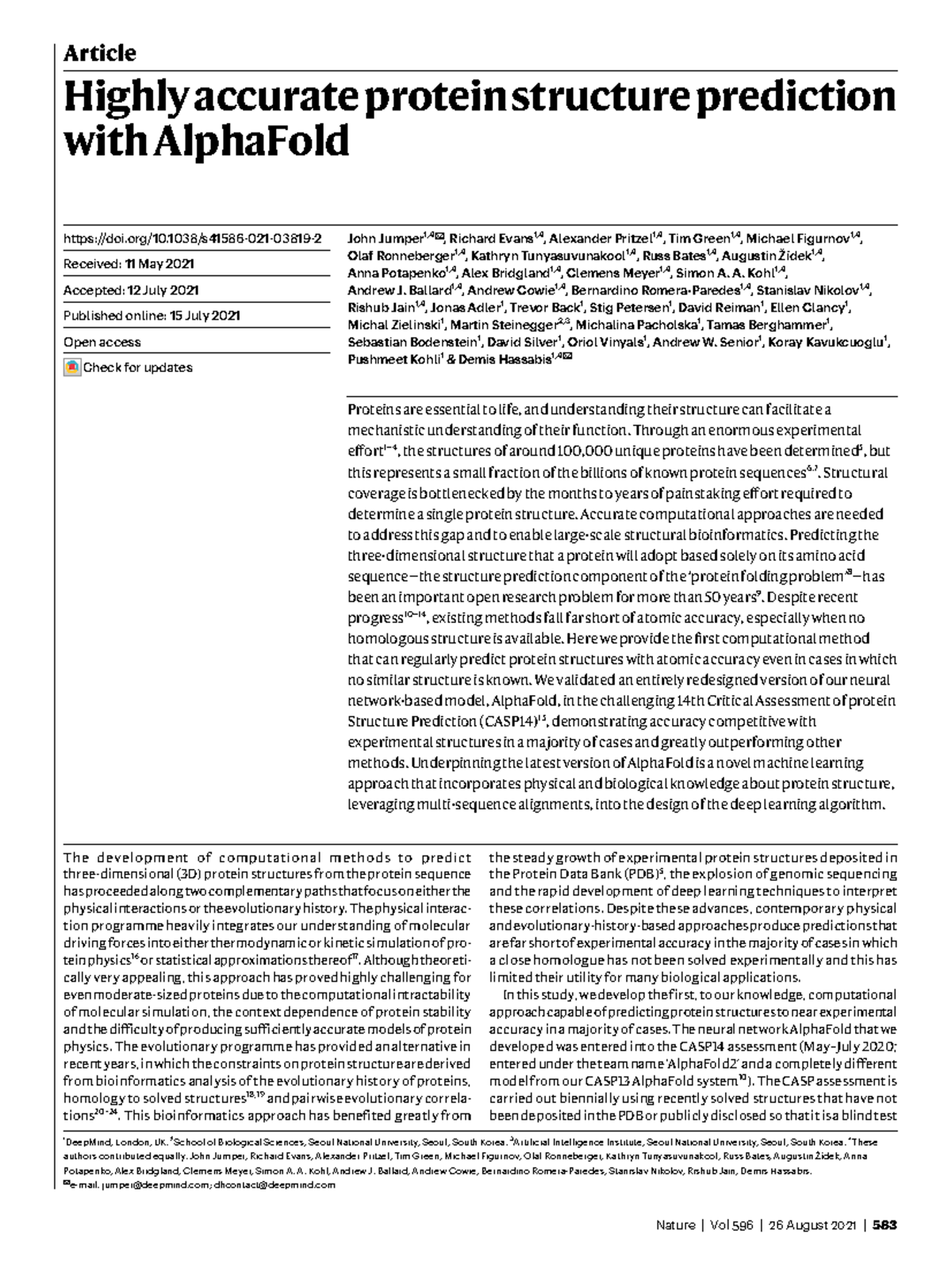 Highly accurate protein structure prediction with AlphaFold (CASP14 ...