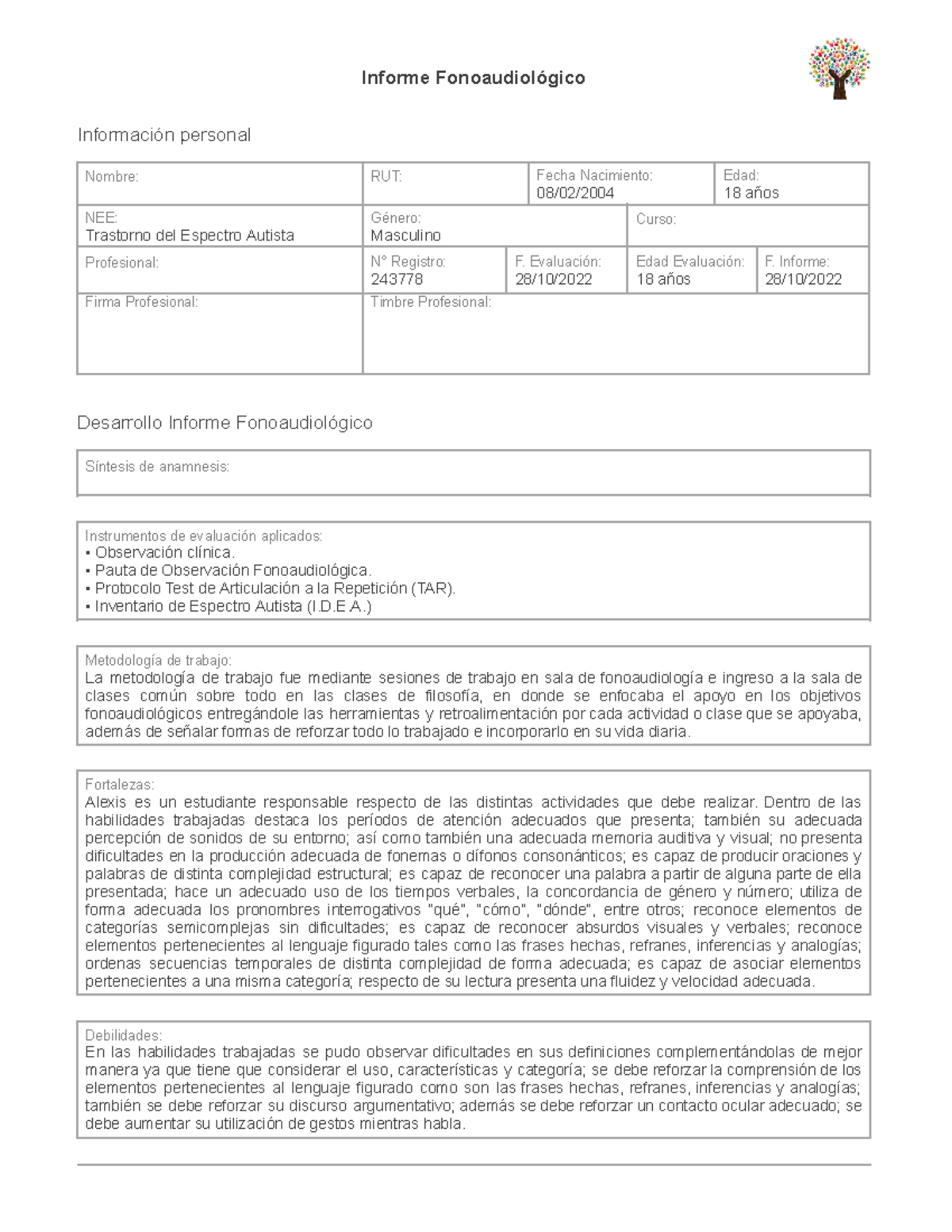 Informe Fonoaudiológico: Reevaluación y Diagnóstico para Paciente ...