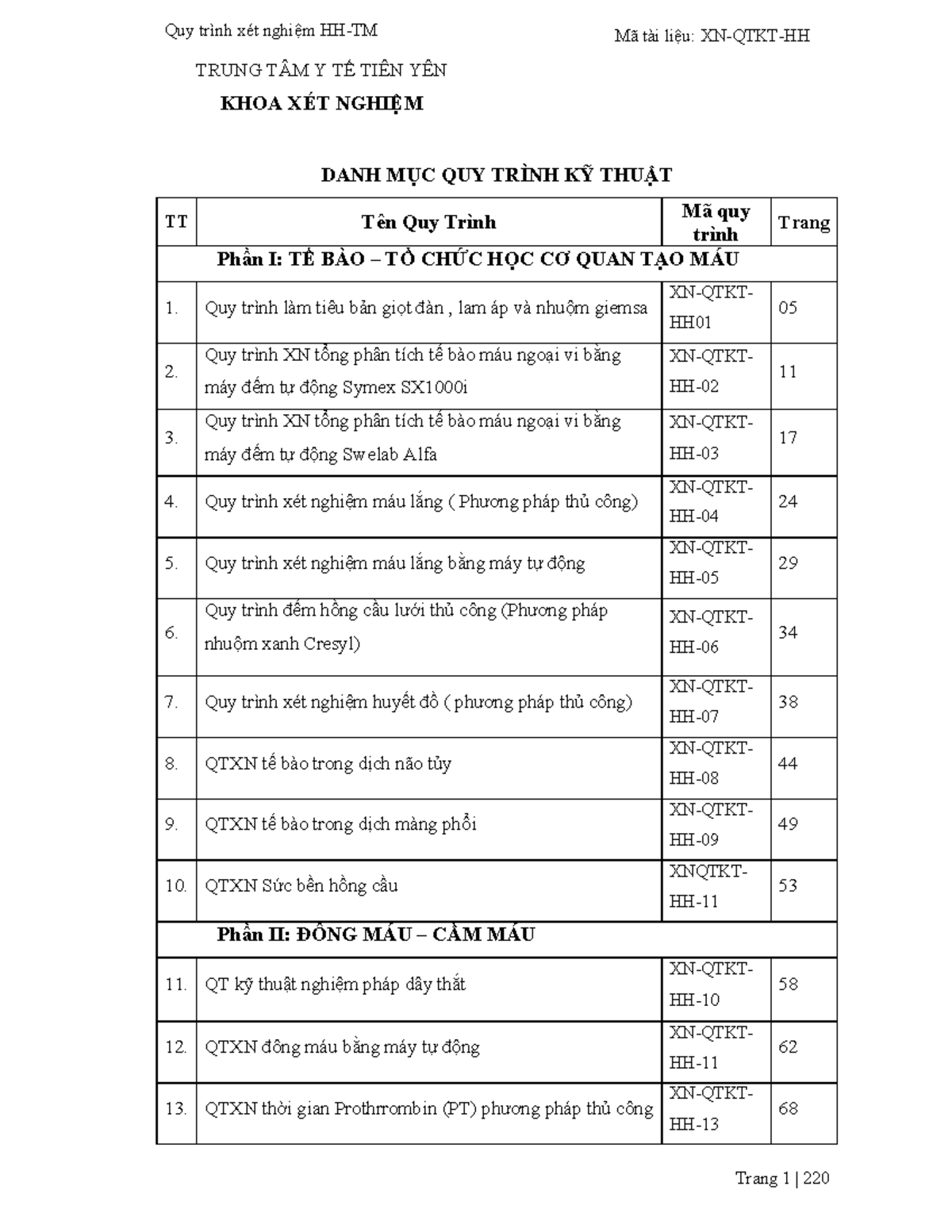 Hướng dẫn quy trình xét nghiệm tế bào máu bằng máy XN-QTKT-HH - Studocu