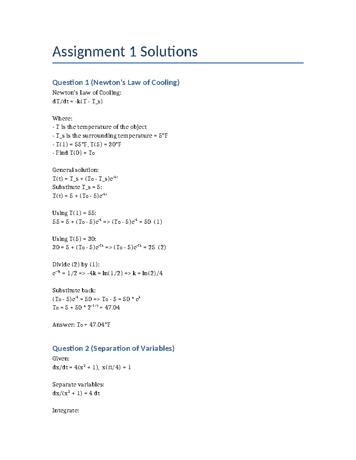 MTH 401 Assignment 1 Solutions: Law of Cooling & Differential Equations - Studocu