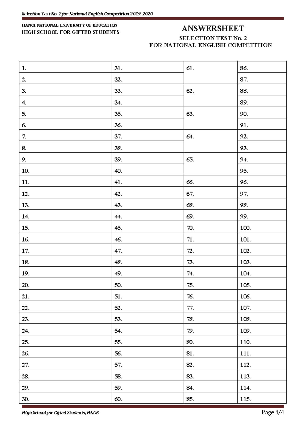 Final Answersheet for Selection Test No. 2 - National English ...